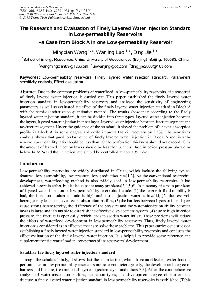The Research and Evaluation of Finely Layered Water Injection Standard ...