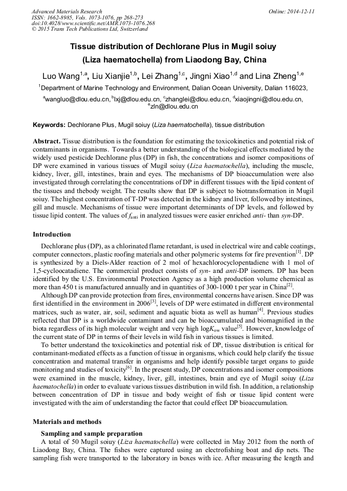 Tissue Distribution of Dechlorane Plus in Mugil Soiuy (Liza ...