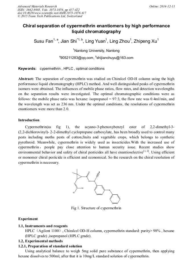 Chiral Separation of Cypermethrin Enantiomers by High Performance ...