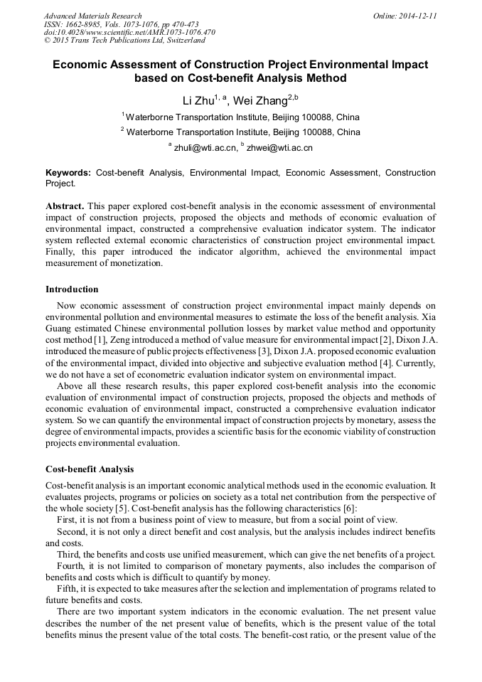 Economic Assessment Of Construction Project Environmental Impact Based Economic Assessment Of Construction Project Environmental Impact Based