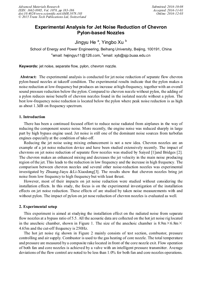 Experimental Analysis for Jet Noise Reduction of Chevron Pylon-Based ...