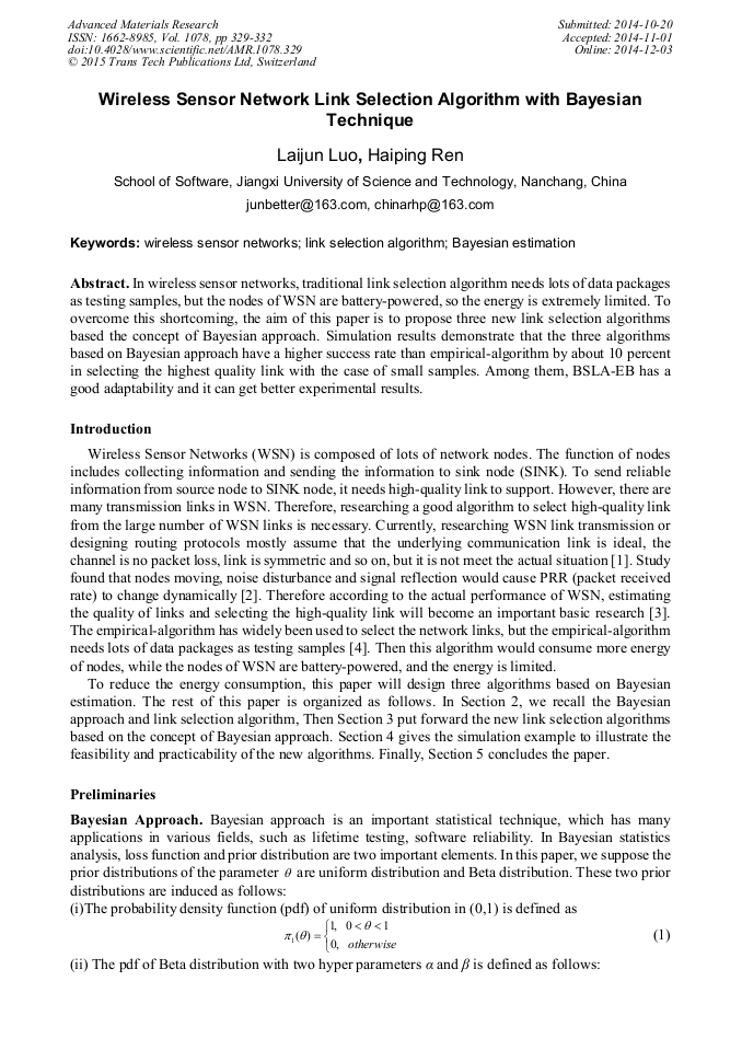 Wireless Sensor Network Link Selection Algorithm With Bayesian Technique Scientificnet