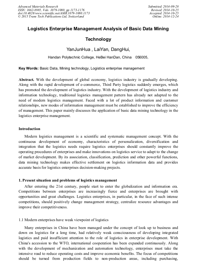 Logistics Enterprise Management Analysis of Basic Data Mining ...