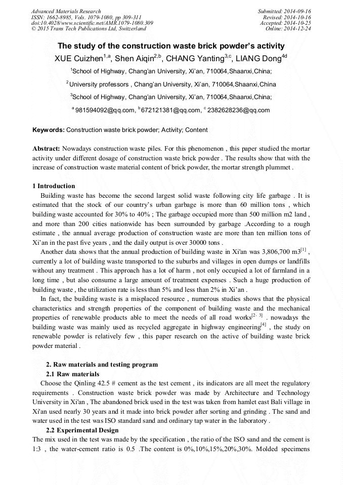 The Study of the Construction Waste Brick Powder’s Activity ...