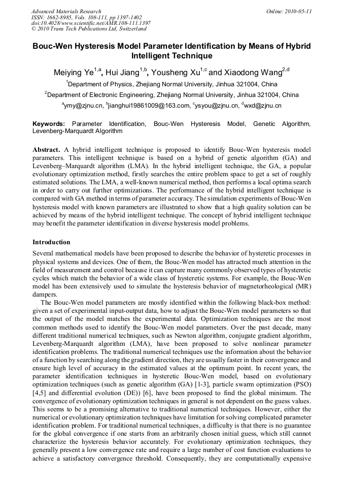 Bouc-Wen Hysteresis Model Parameter Identification by Means of Hybrid Intelligent Technique ...