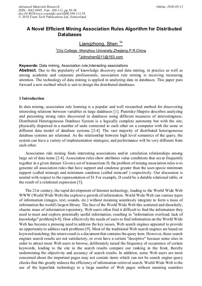 A Novel Efficient Mining Association Rules Algorithm for Distributed Databases | Scientific.Net