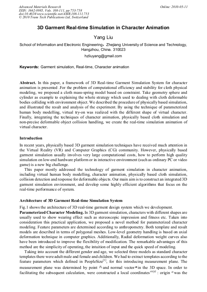 3D Garment Real-Time Simulation in Character Animation | Scientific.Net