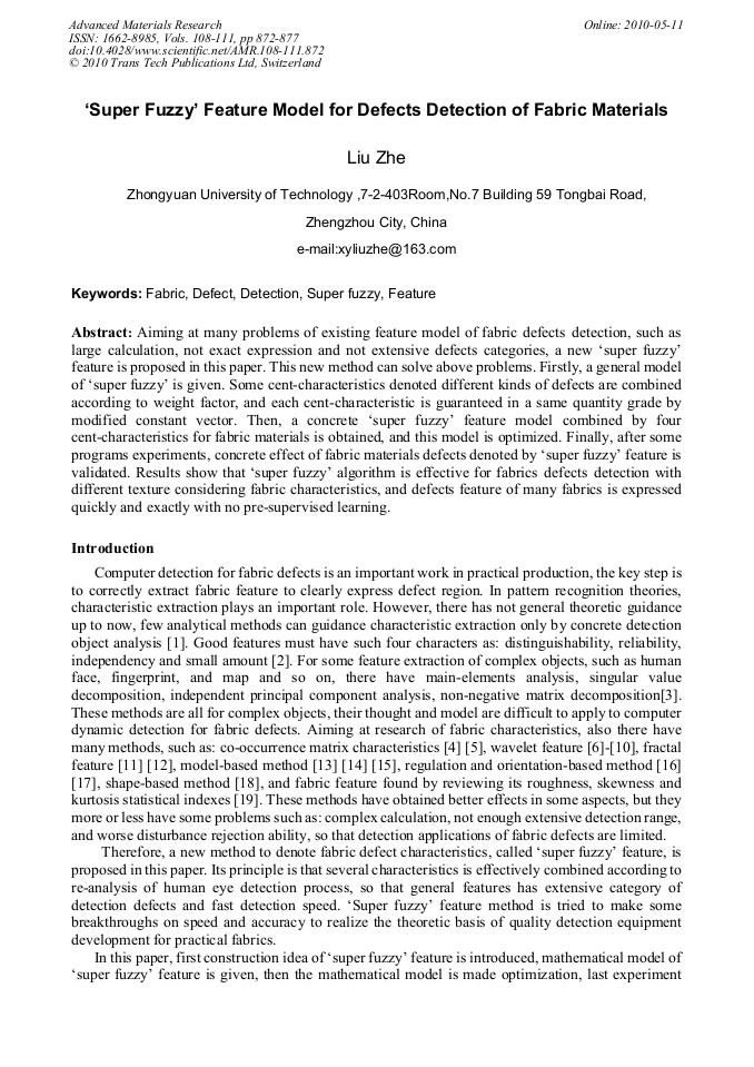 ‘Super Fuzzy’ Feature Model for Defects Detection of Fabric Materials ...