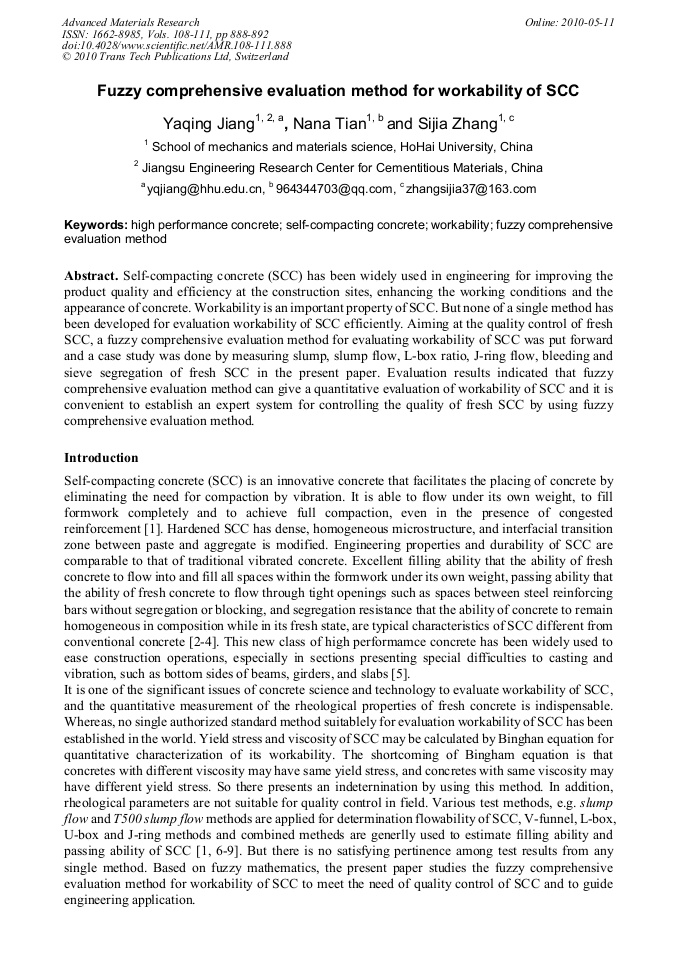 Fuzzy Comprehensive Evaluation Method for Workability of SCC ...
