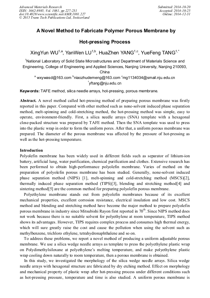 A Novel Method to Fabricate Polymer Porous Membrane by Hot-Pressing ...