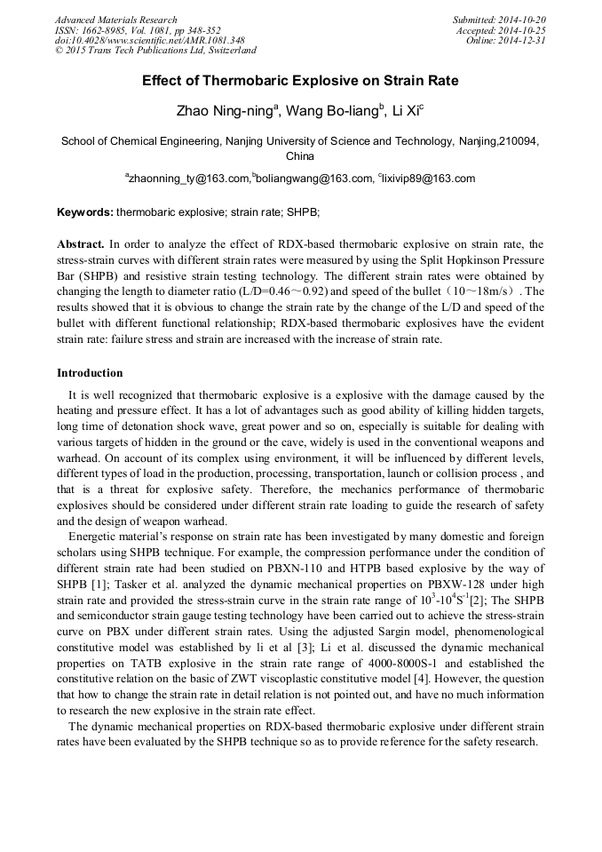Effect of Thermobaric Explosive on Strain Rate | Scientific.Net