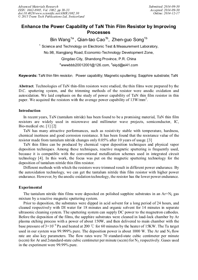 Enhance the Power Capability of TaN Thin Film Resistor by Improving ...