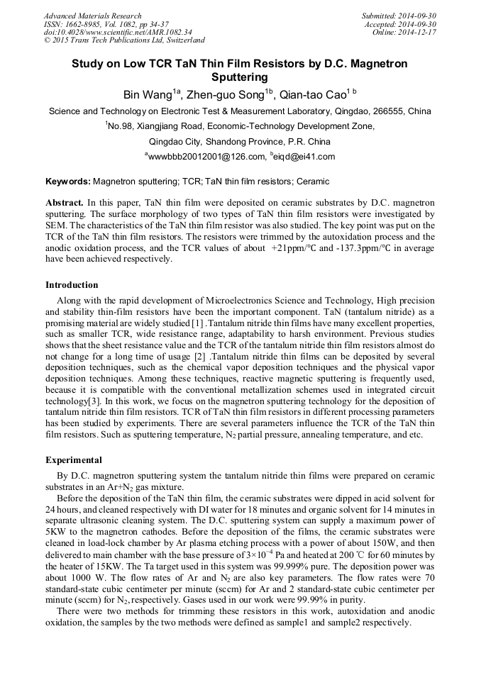 Study on Low TCR TaN Thin Film Resistors by D.C. Magnetron Sputtering ...