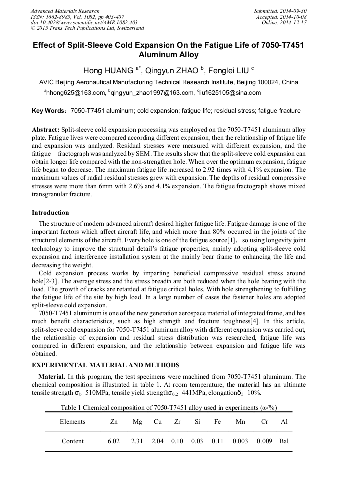 Effect of Split-Sleeve Cold Expansion on the Fatigue Life of 7050-T7451 ...