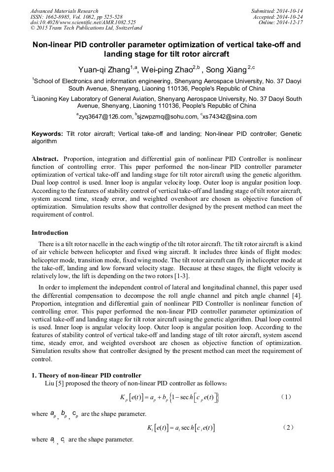 Non-Linear PID Controller Parameter Optimization of Vertical Take-Off and Landing Stage for Tilt ...