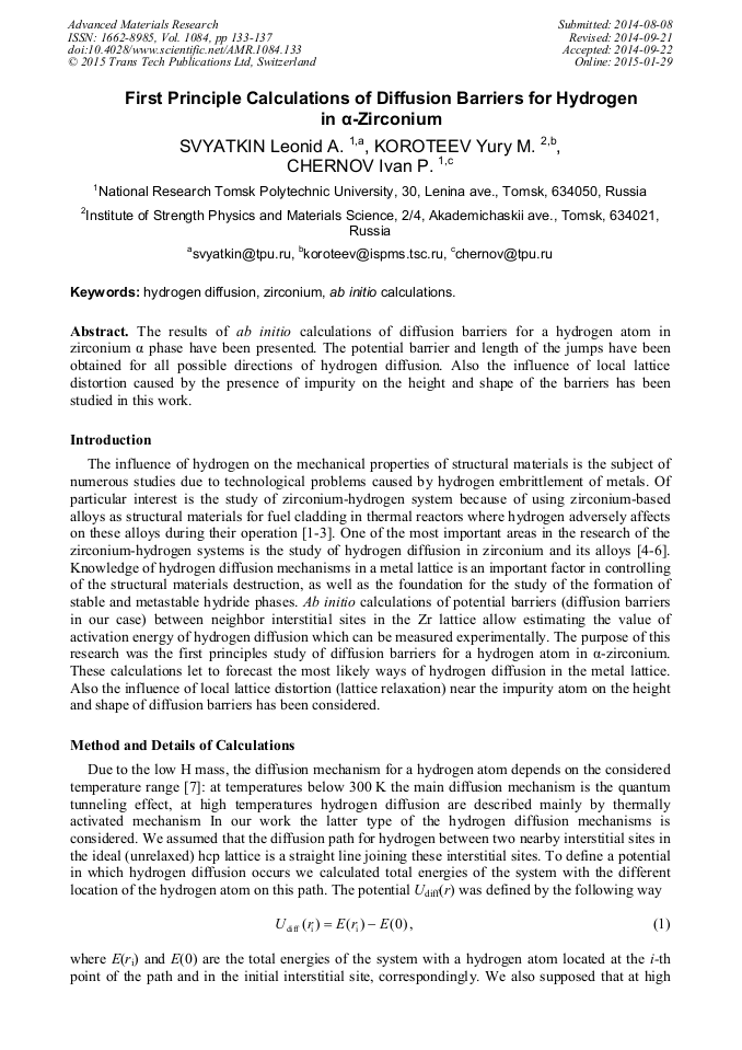 First Principle Calculations of Diffusion Barriers for Hydrogen in α ...