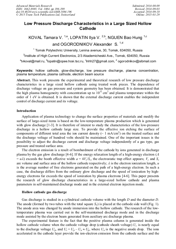 Low Pressure Discharge Characteristics in a Large Sized Hollow Cathode ...
