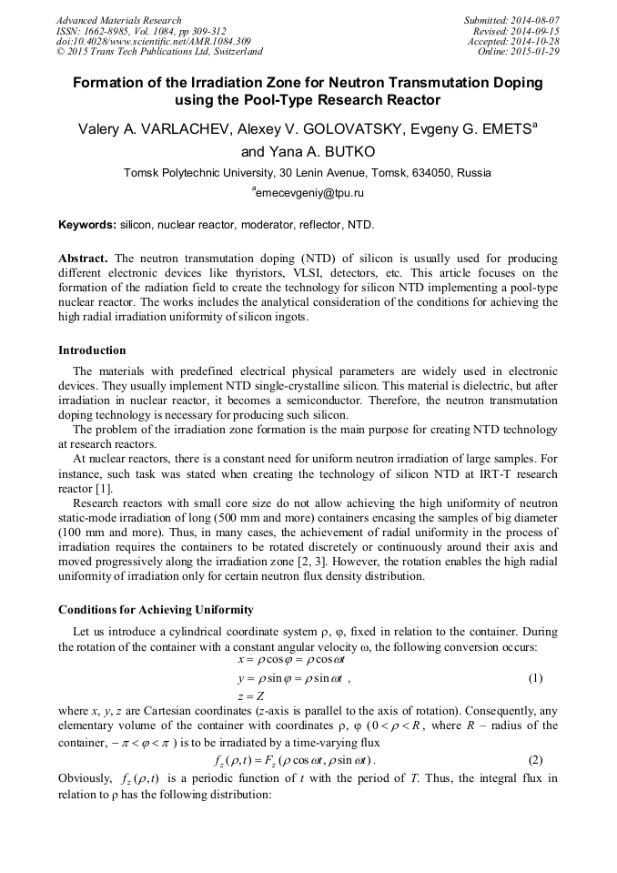 Formation of the Irradiation Zone for Neutron Transmutation Doping ...