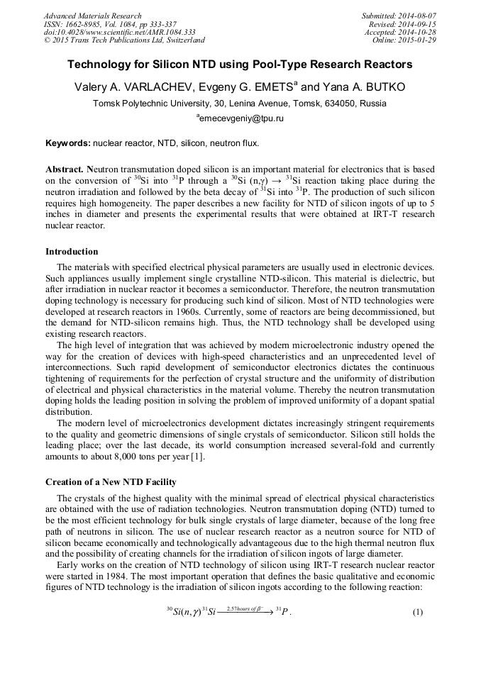 Technology for Silicon NTD Using Pool-Type Research Reactors ...