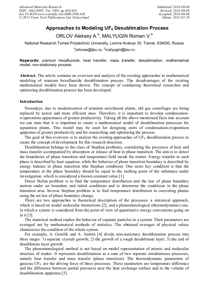 Approaches to Modeling UF6 Desublimation Process | Scientific.Net