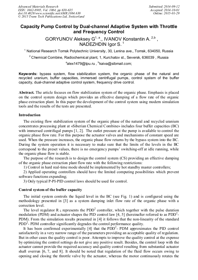 Capacity Pump Control by Dual-Channel Adaptive System with Throttle and ...