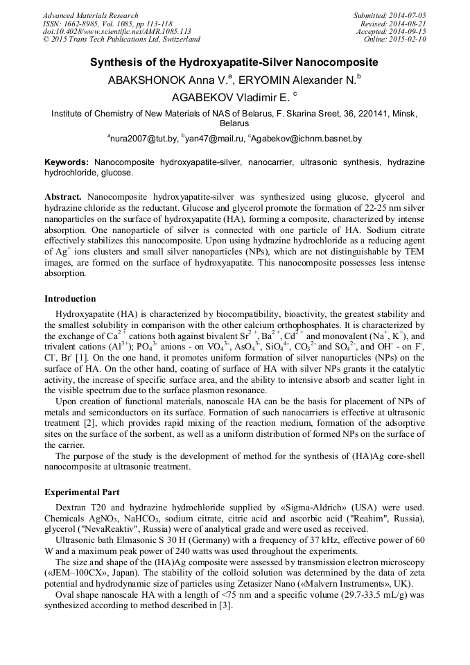 Synthesis of the Hydroxyapatite-Silver Nanocomposite | Scientific.Net