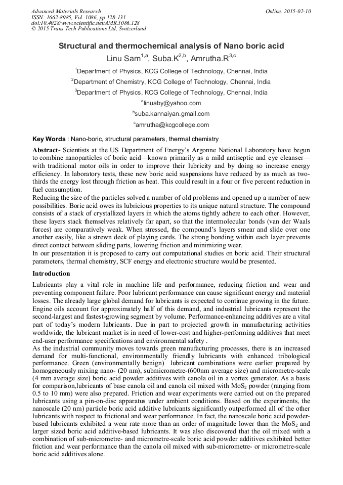 Structural and Thermochemical Analysis of Nano-Boric Acid | Scientific.Net