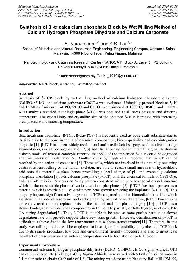 Synthesis of β-Tricalcalcium Phosphate Block by Wet Milling Method of ...