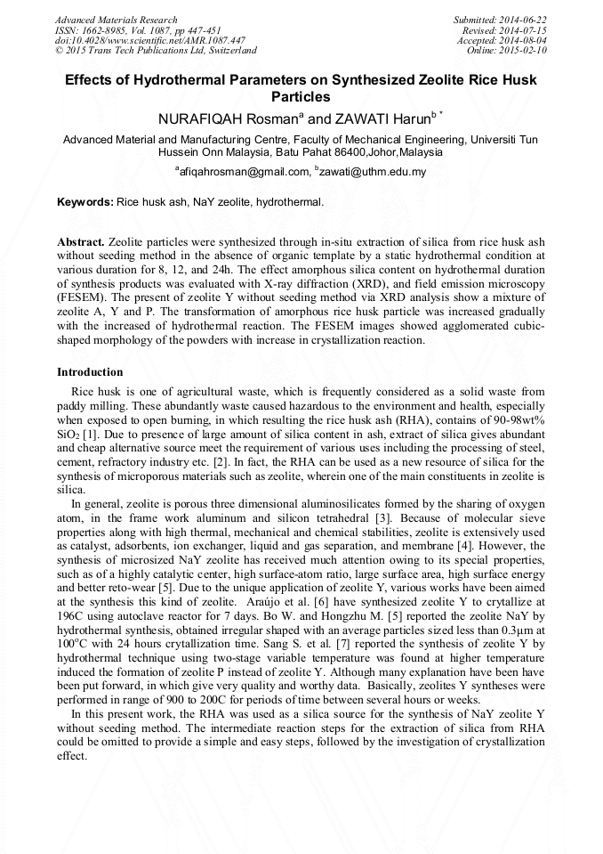 Effects of Hydrothermal Duration on Synthesized Zeolite Rice Husk ...