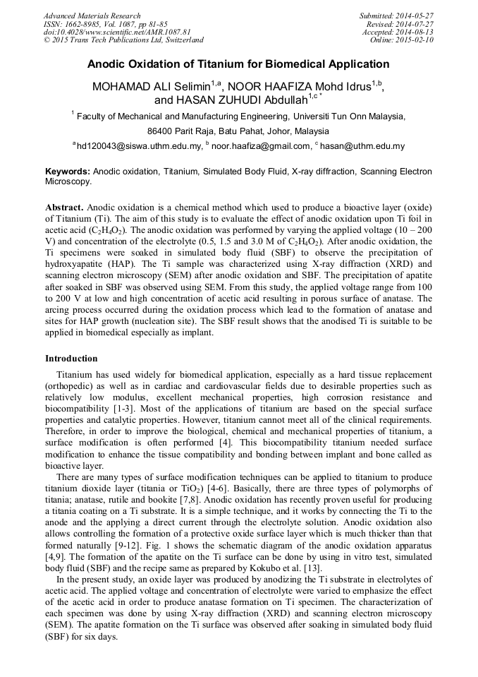 Anodic Oxidation of Titanium for Biomedical Application | Scientific.Net