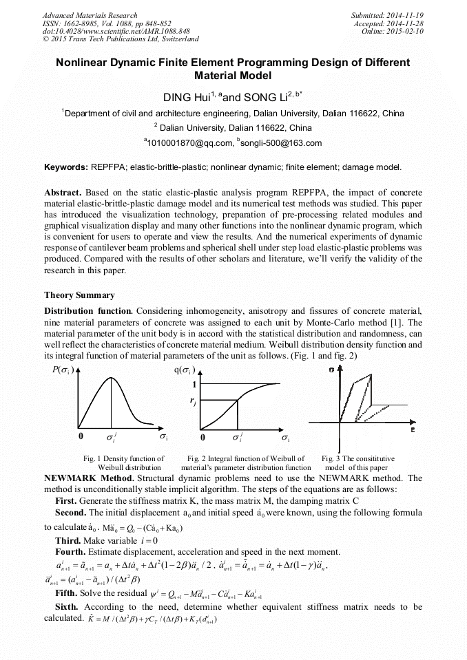 Nonlinear Dynamic Finite Element Programming Design Of Different Material Model Scientificnet