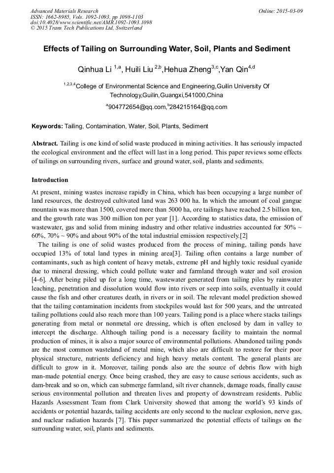 Effects of Tailing on Surrounding Water, Soil, Plants and Sediment ...
