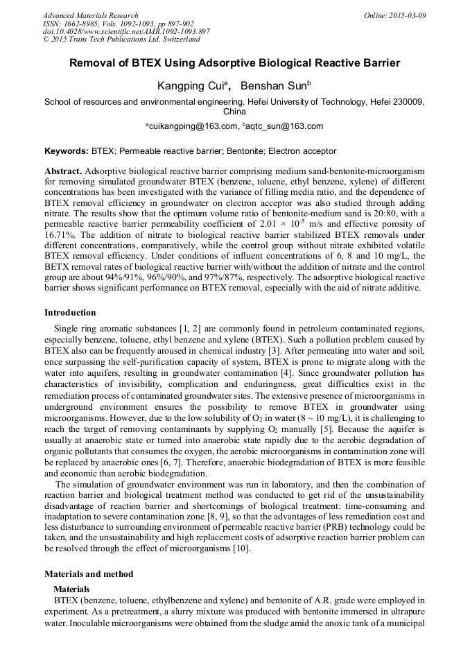 Removal of BTEX Using Adsorptive Biological Reactive Barrier ...
