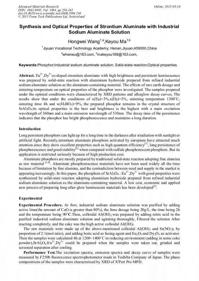 Synthesis and Optical Properties of Strontium Aluminate with Industrial ...