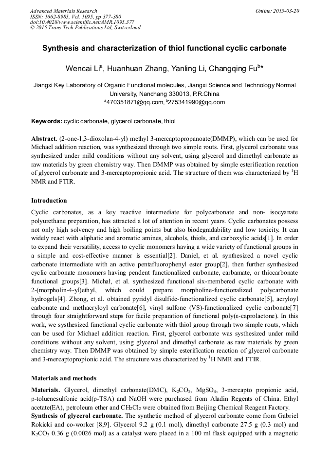 Synthesis and Characterization of Thiol Functional Cyclic Carbonate ...