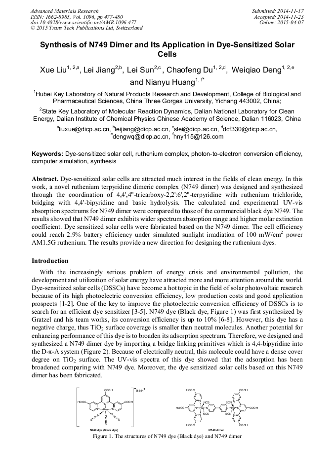 Synthesis of N749 Dimer and its Application in Dye-Sensitized Solar ...