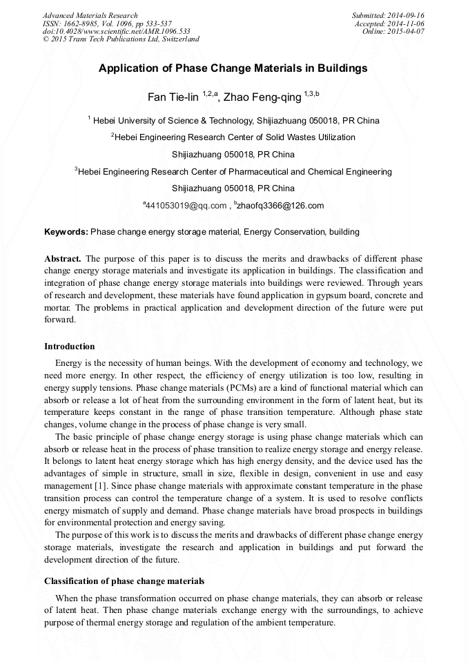 Application of Phase Change Materials in Buildings | Scientific.Net