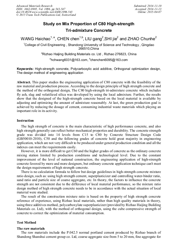 Study on Mix Proportion of C80 High-Strength Tri-Admixture Concrete ...