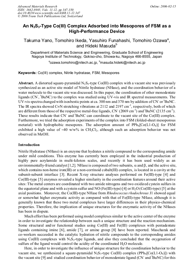 An N2S3-Type Co(III) Complex Adsorbed into Mesopores of FSM as a High ...