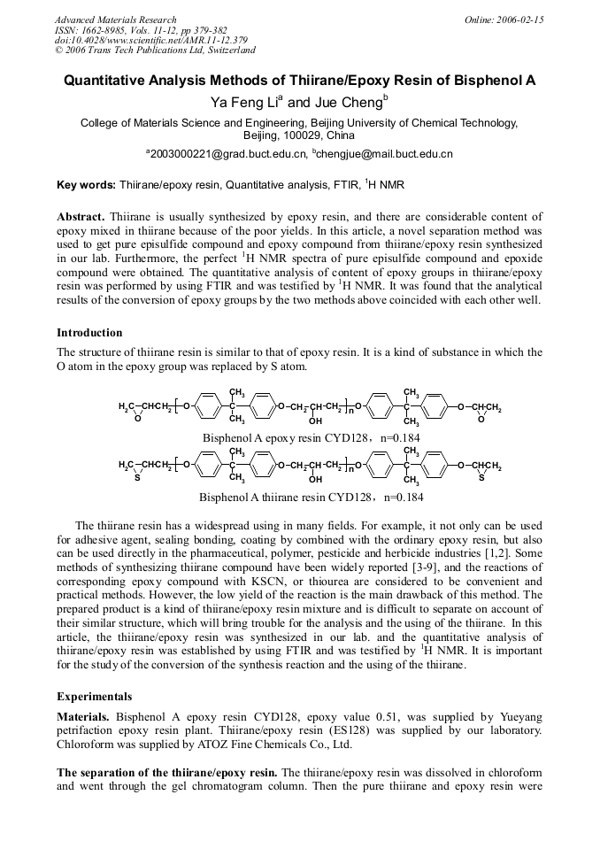 Quantitative Analysis Methods of Thiirane/Epoxy Resin of Bisphenol A ...