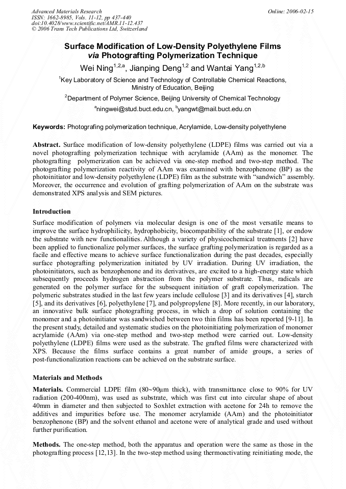 Surface Modification of Low-Density Polyethylene Films via ...