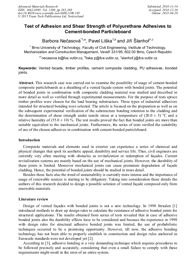 Test of Adhesion and Shear Strength of Polyurethane Adhesives to Cement ...