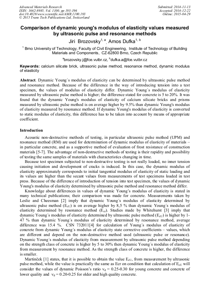 Comparison of Dynamic Young's Modulus of Elasticity Values Measured by ...