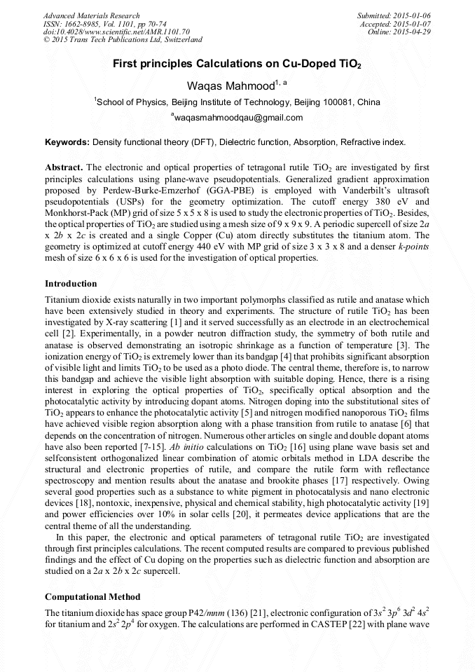 First Principles Calculations on Cu-Doped TiO2 | Scientific.Net