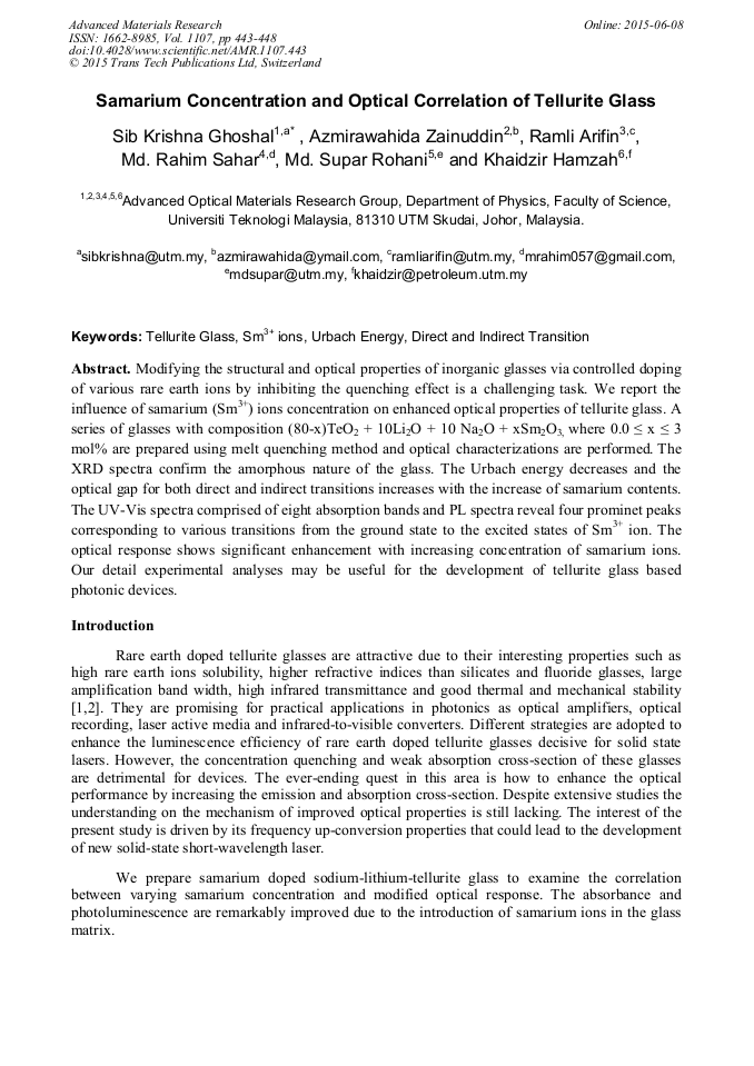 Samarium Concentration and Optical Correlation of Tellurite Glass ...