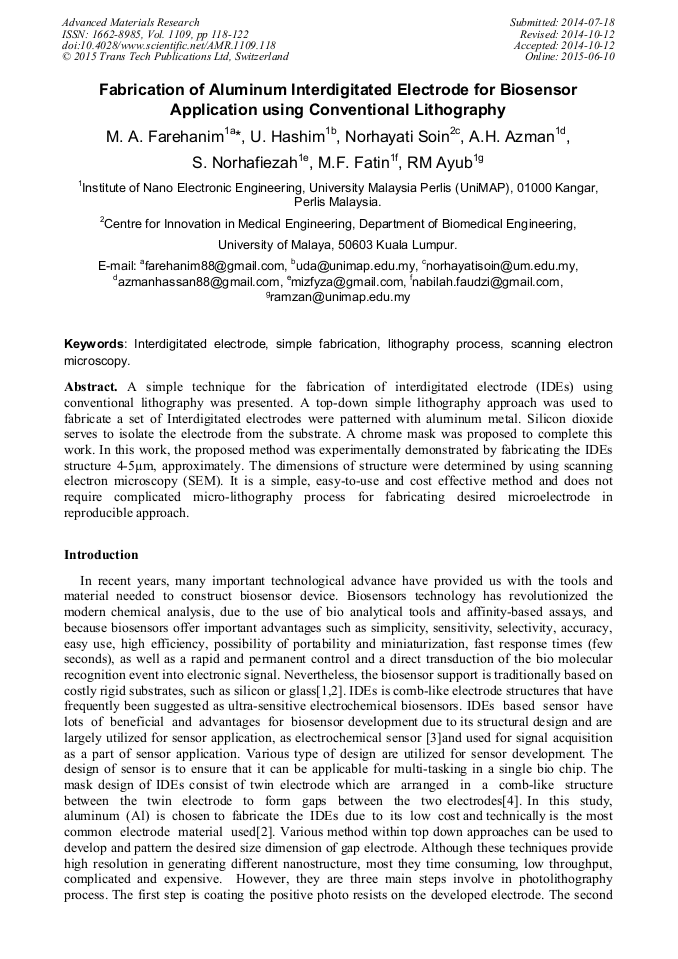 Fabrication of Aluminum Interdigitated Electrode for Biosensor ...