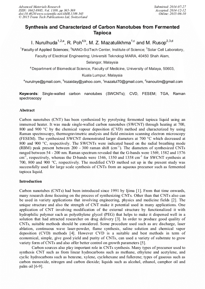 Synthesis and Characterized of Carbon Nanotubes from Fermented Tapioca ...