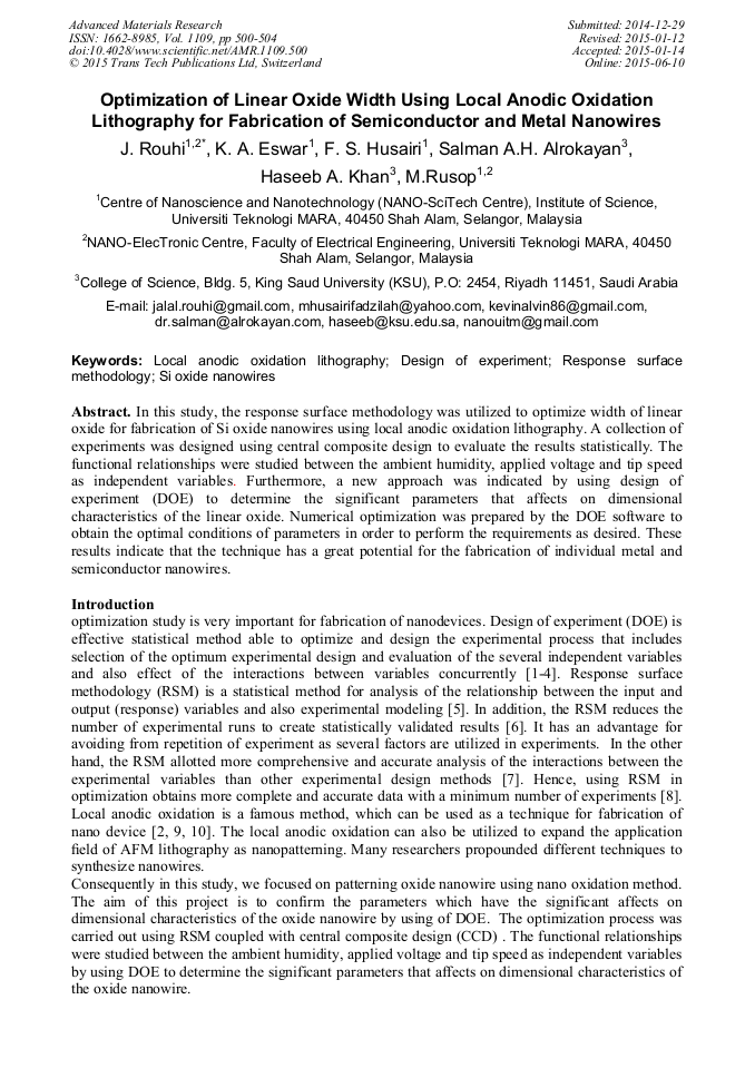 Optimization of Linear Oxide Width Using Local Anodic Oxidation ...