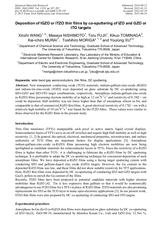 Deposition of IGZO or ITZO Thin Films by Co-Sputtering of IZO and GZO ...