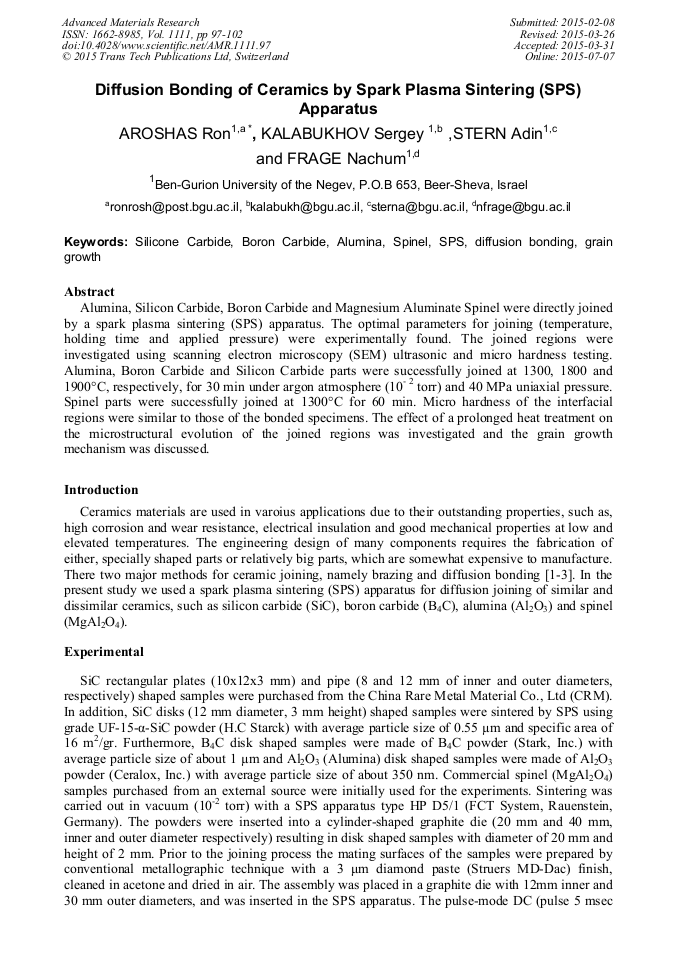 Diffusion Bonding of Ceramics by Spark Plasma Sintering (SPS) Apparatus ...